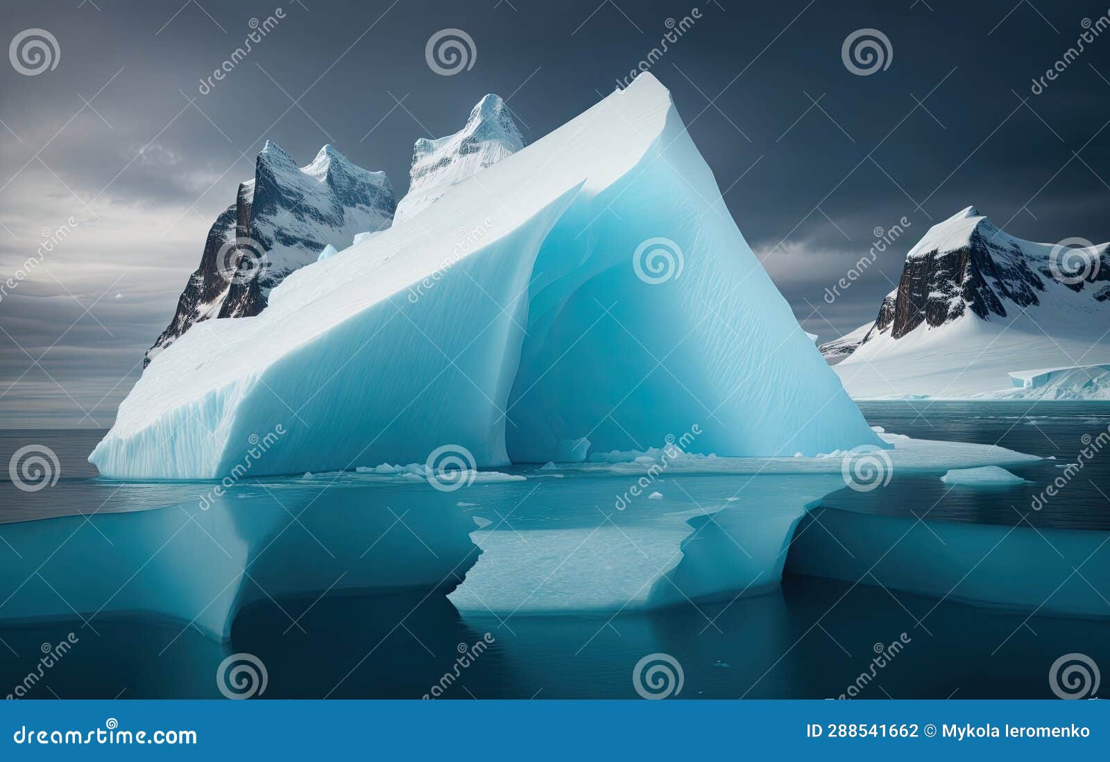 An Iceberg Floating Against the Background of Mountains and Sky Stock ...