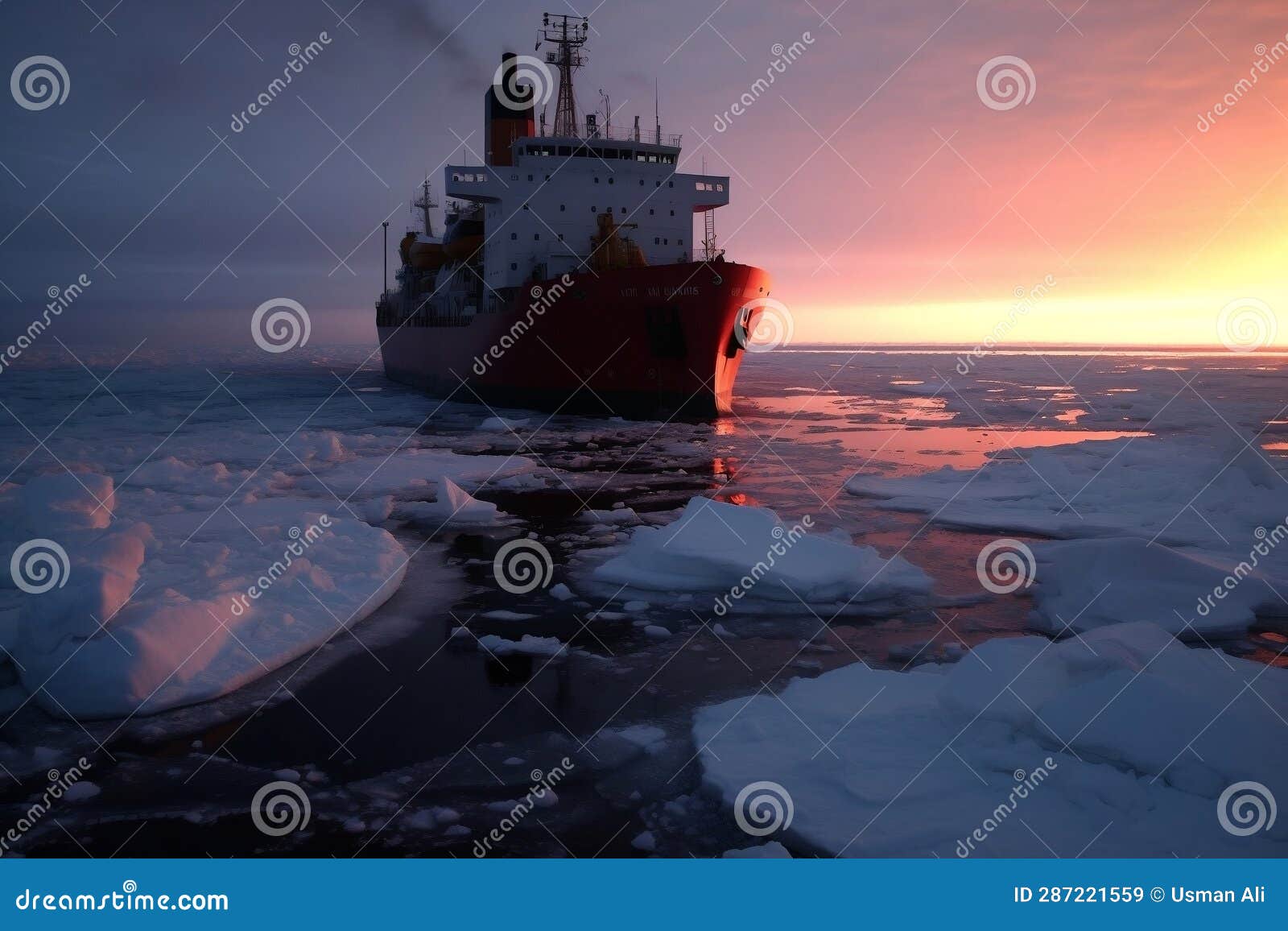 An Icebreaker Ship Forcefully Navigating through the Arctic Ice. AI ...