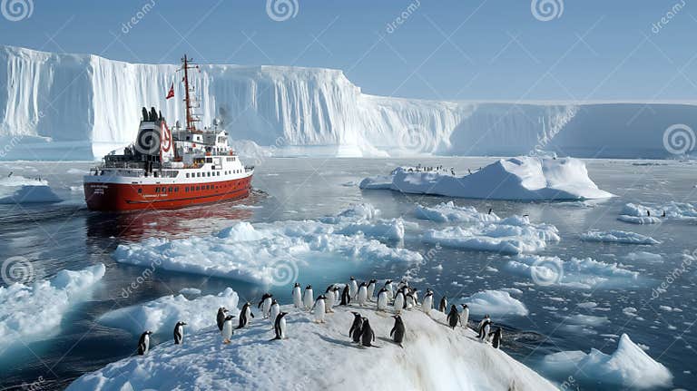 Icebreaker Ship Navigating Icy Waters with Penguins in Antarctica Stock ... Icebreaker Ship Navigating Icy Waters with Penguins in Antarctica Stock ...