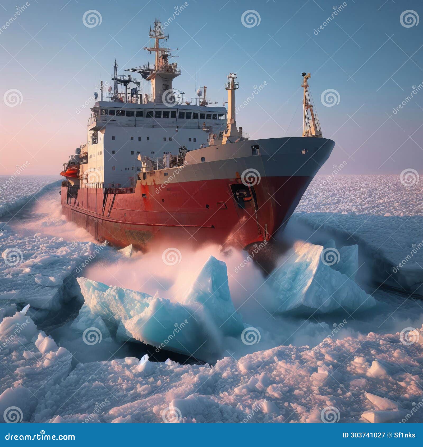 Icebreaker Ship Navigating through Icy Waters, Crushing Icebergs Under ...