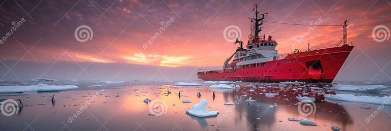 Icebreaker Ship Navigating through Icy Waters at Sunset in a Polar ... Icebreaker Ship Navigating through Icy Waters at Sunset in a Polar ...