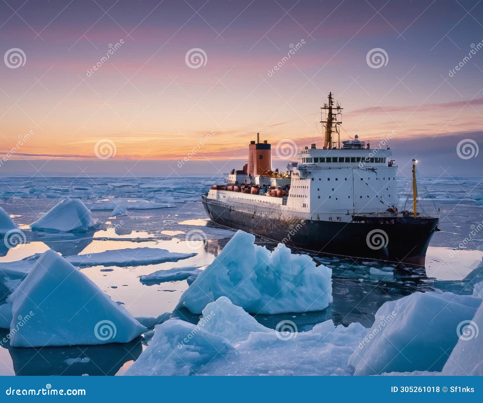 Icebreaker Ship Navigating through Icy Waters Under a Beautiful Sunset ... Icebreaker Ship Navigating through Icy Waters Under a Beautiful Sunset ...