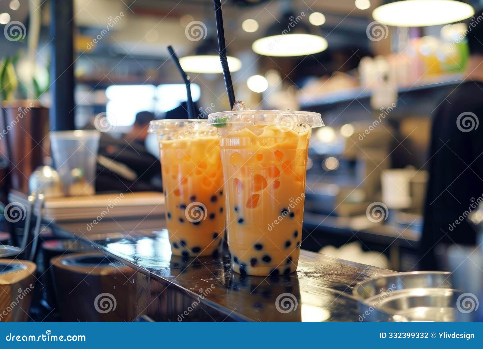 Iced Bubble Tea in Plastic Cups Standing on a Bar Stock Photo - Image ...