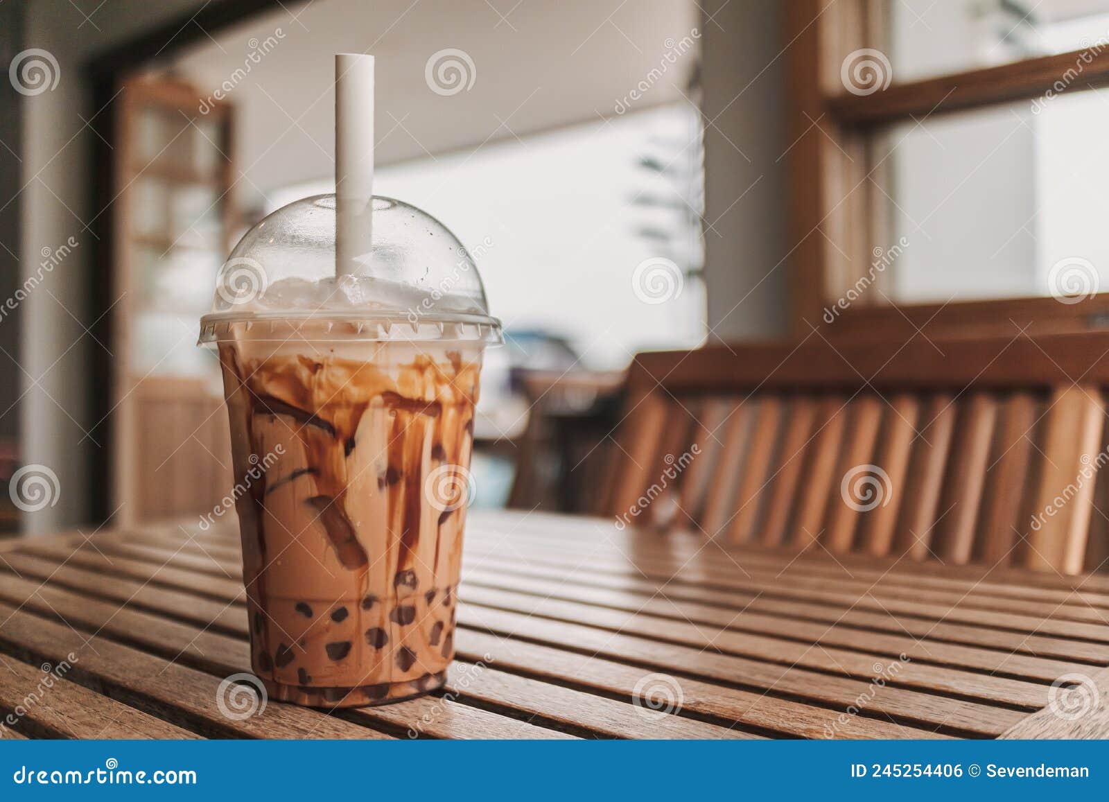 Iced Cocoa Boba Bubble Tea Served on Table in the Cafe. Stock Photo ...