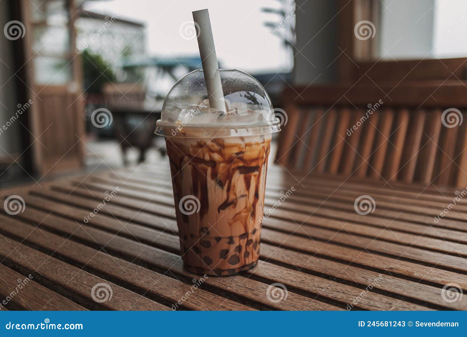 Iced Cocoa Boba Bubble Tea Served on Table in the Cafe. Stock Image ...