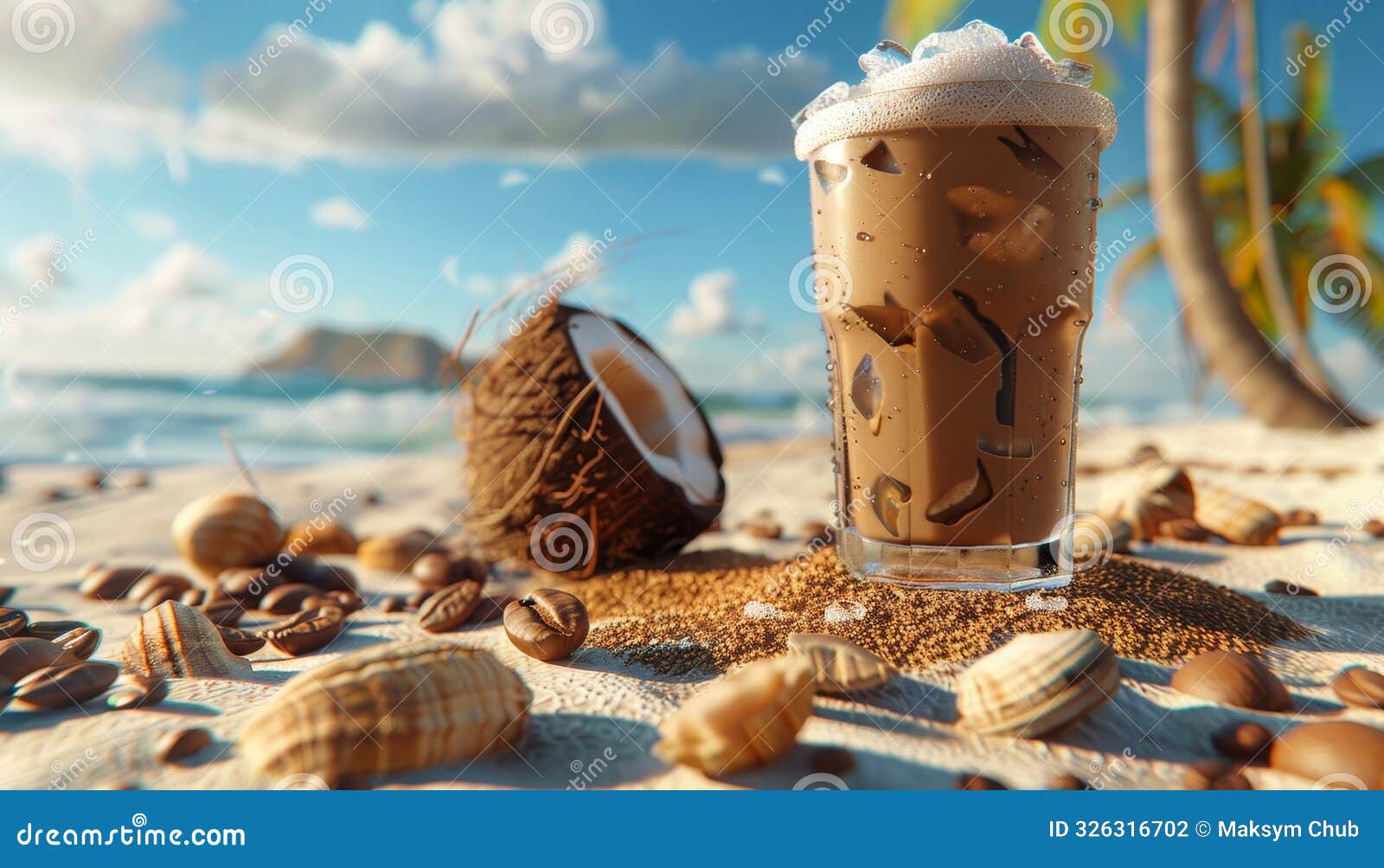 Iced Coffee on the Beach with Coconut and Seashells, Tropical Summer ...