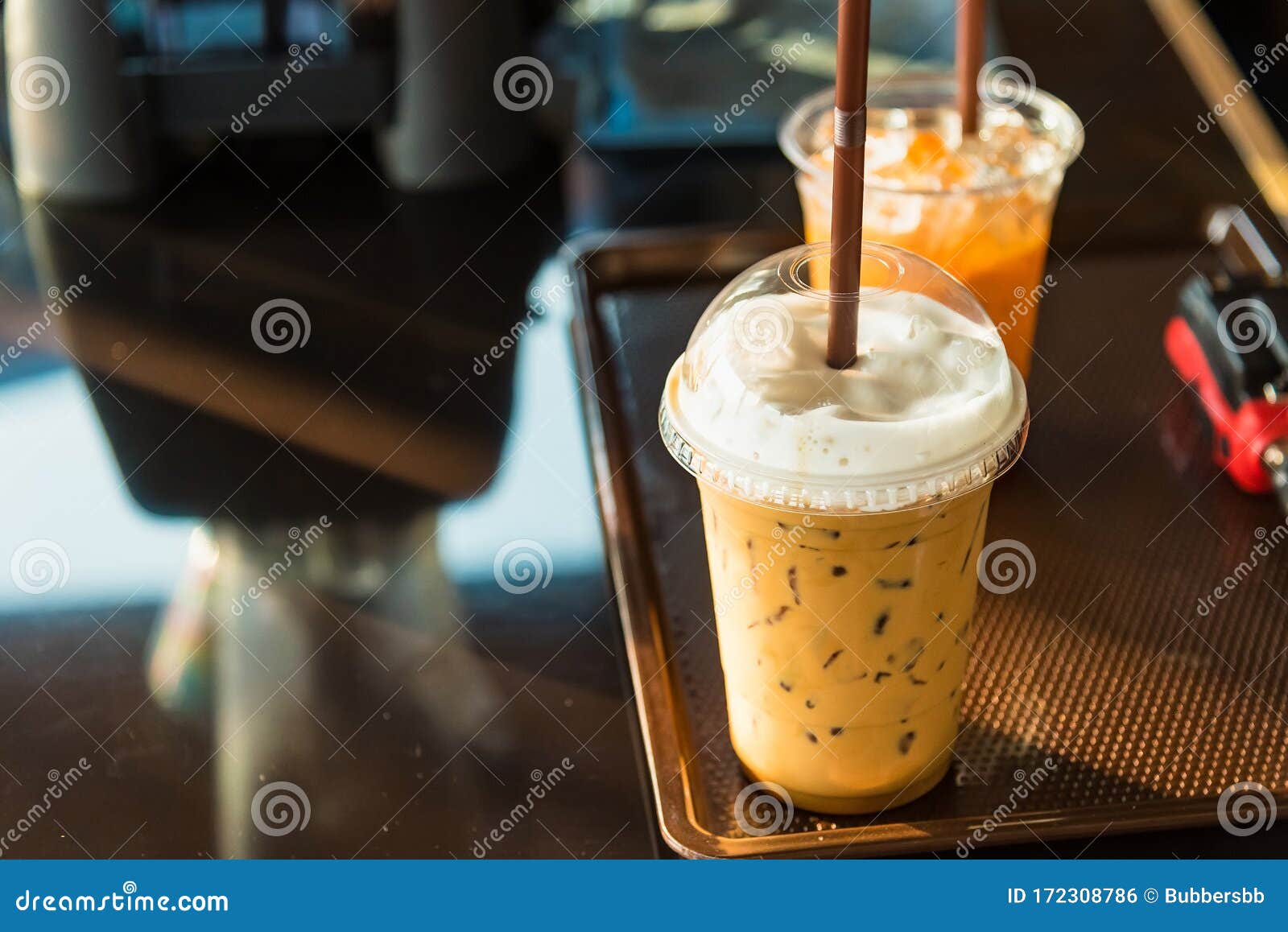 Iced Coffee on Wood Table in Coffee Shop Stock Photo - Image of iced ...