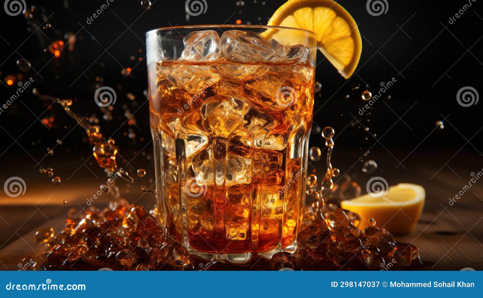 An Iced Coke with Splashing Liquid Shimmering Lights in Background ...