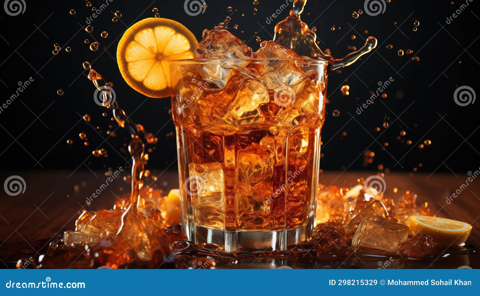 An Iced Coke with Splashing Liquid Shimmering Lights in Background ...