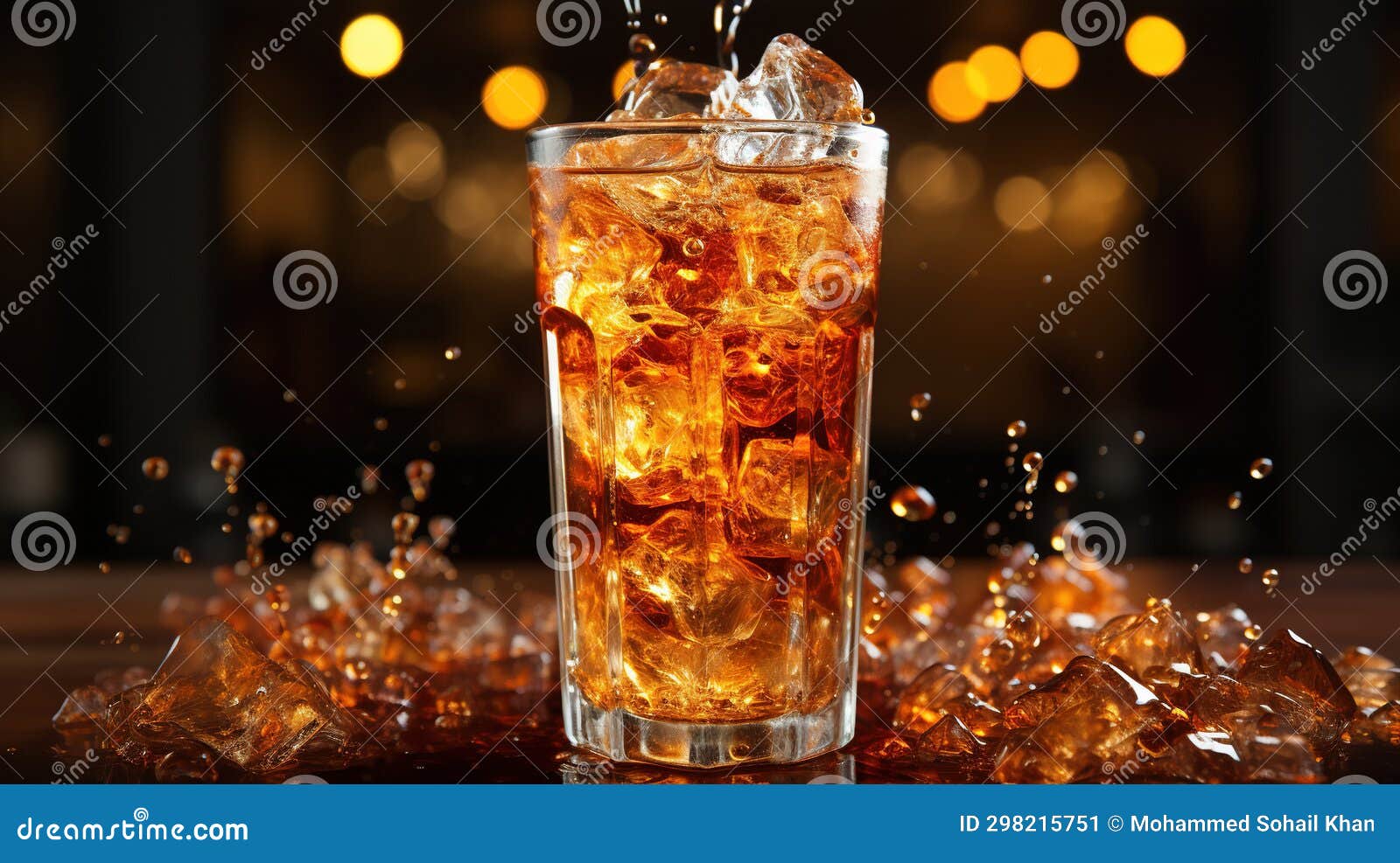 An Iced Coke with Splashing Liquid Shimmering Lights in Background ...