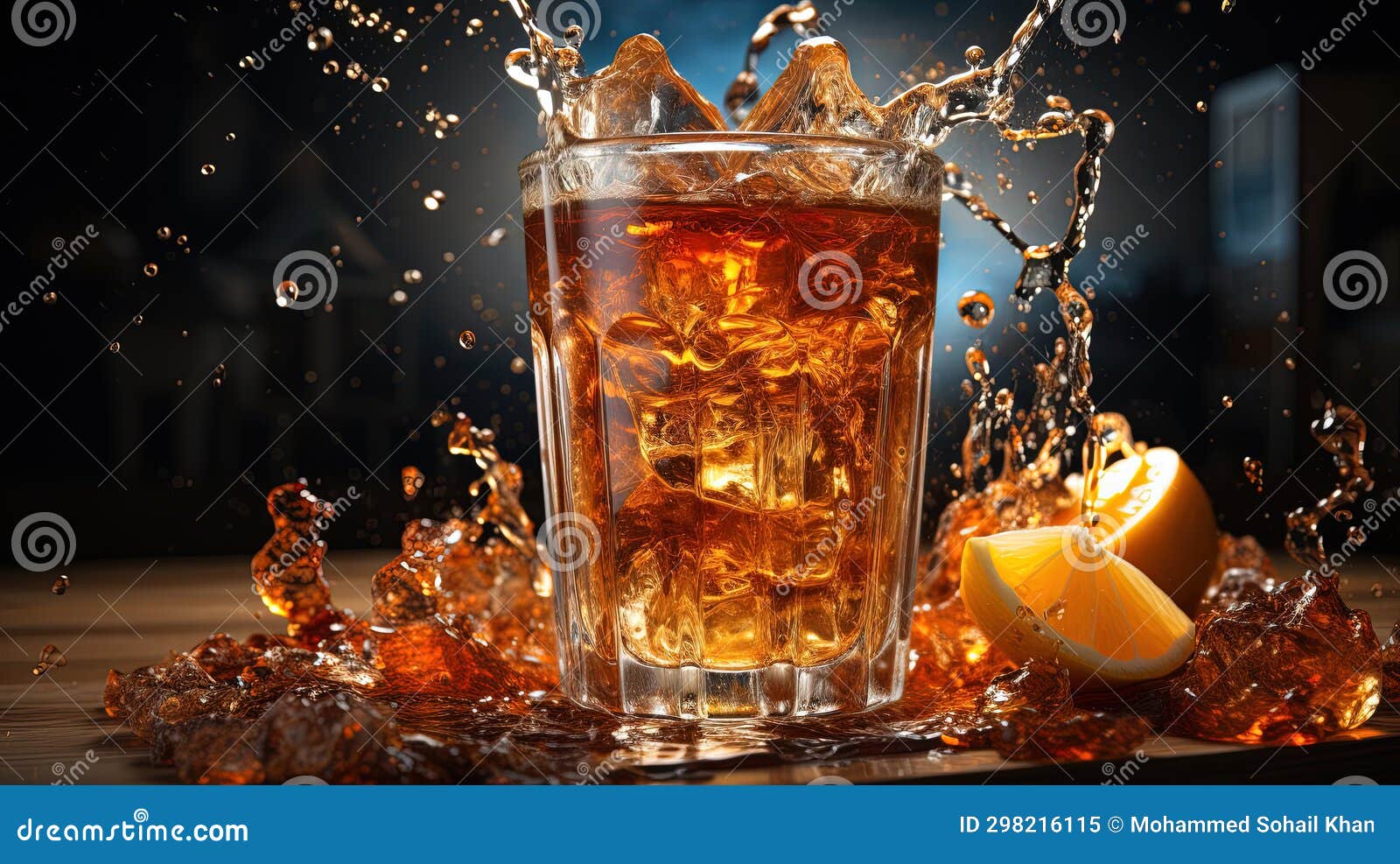 An Iced Coke with Splashing Liquid Shimmering Lights in Background ...