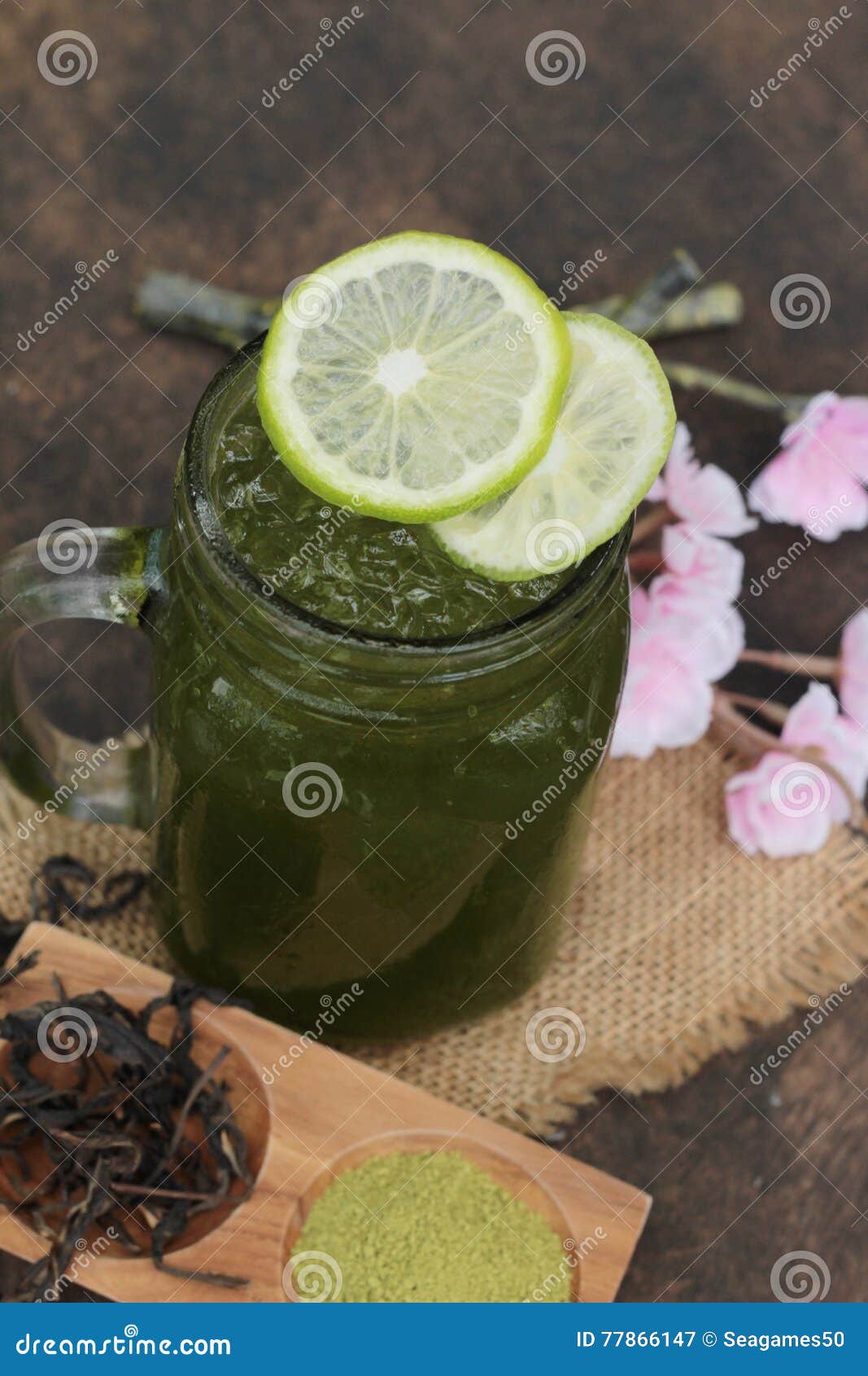 Iced Green Tea with Lemon and Matcha Tea Powder. Stock Image - Image of ...