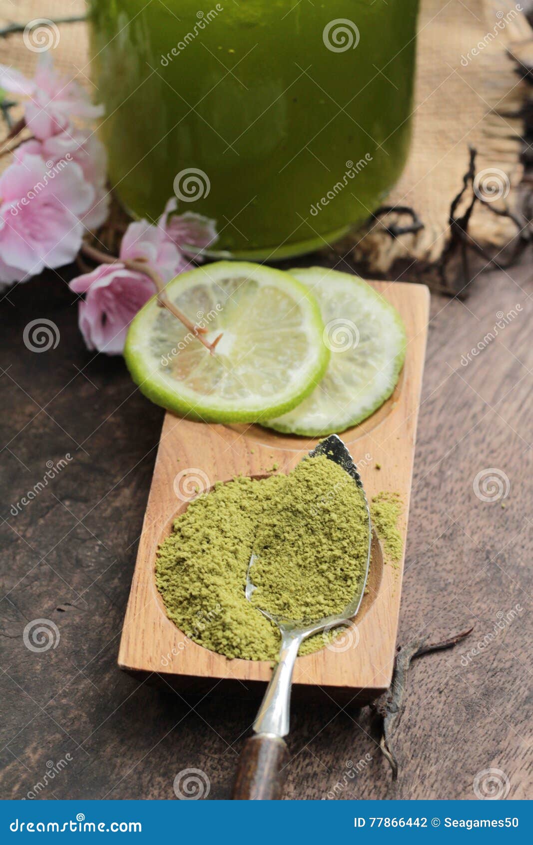 Iced Green Tea with Lemon and Matcha Tea Powder. Stock Photo - Image of ...