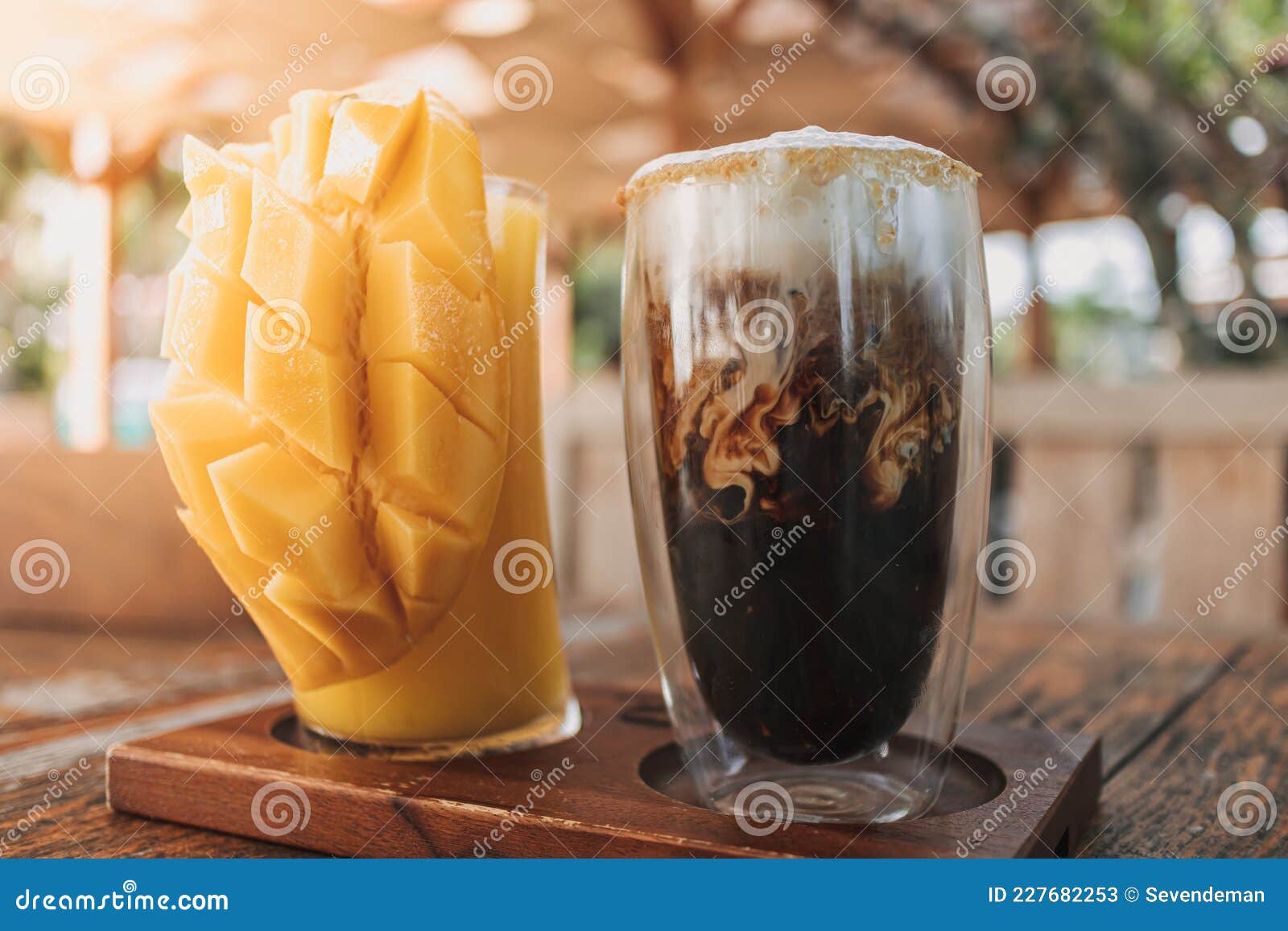 Iced Latte Coffee and Mango Juice Drinks in Concept of Summer. Stock ...