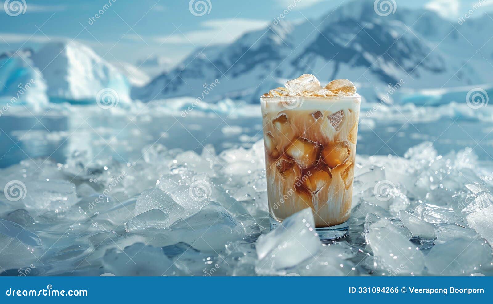 Iced Latte on Iceberg, Backdrop of White Mountains, Expansive Text ...