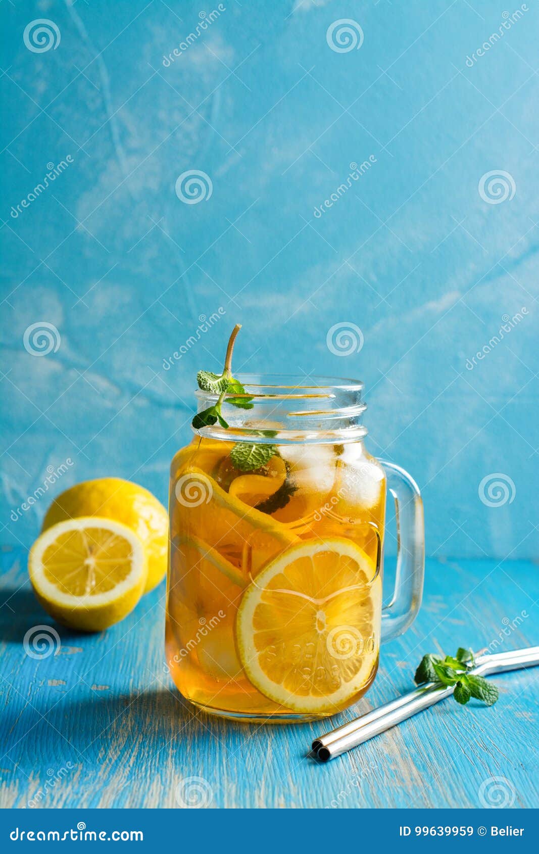 Iced Lemon Tea on Blue Background Stock Image - Image of fresh ...