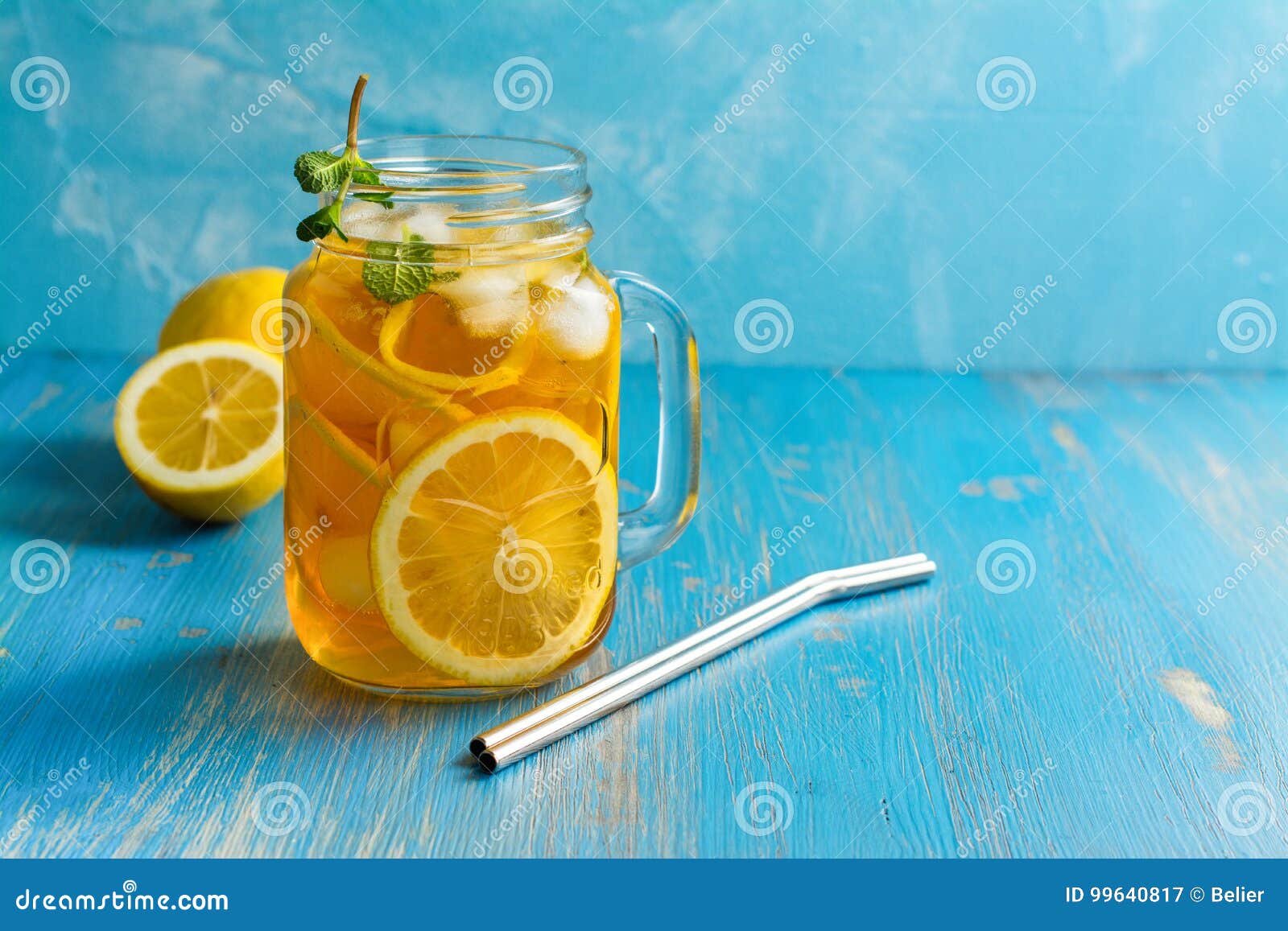 Iced Lemon Tea on Blue Background Stock Image - Image of background ...