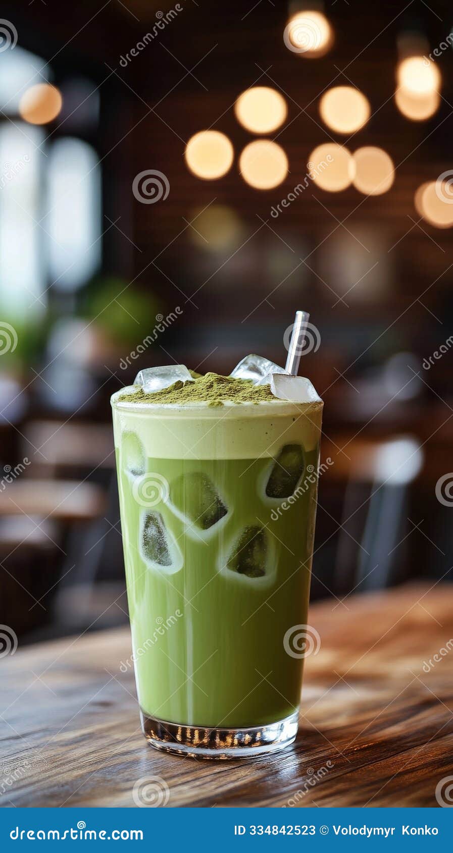 Iced Matcha Latte in Cafe with Bokeh Lights, Refreshing Beverage Concept Stock Image - Image of ...