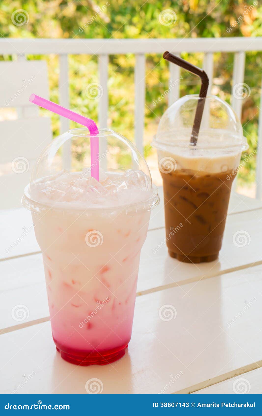 Iced Pink Milk and Iced Coffee in Plastic Cup Stock Image - Image of ...