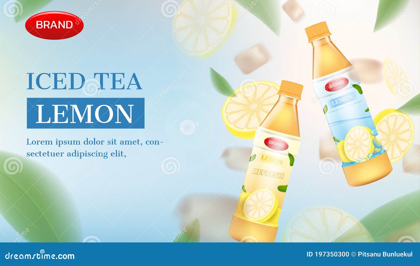 Iced Tea Bottles with Lemon and Ice. Vector Iced Tea Ad Stock Vector ...