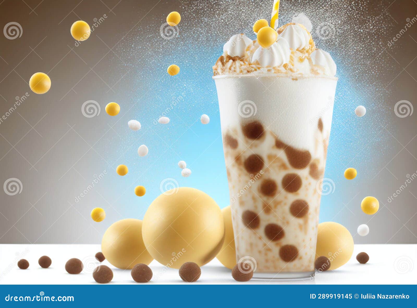 Iced Tea with Tapioca and Chocolate Pieces and with Falling Colorful ...