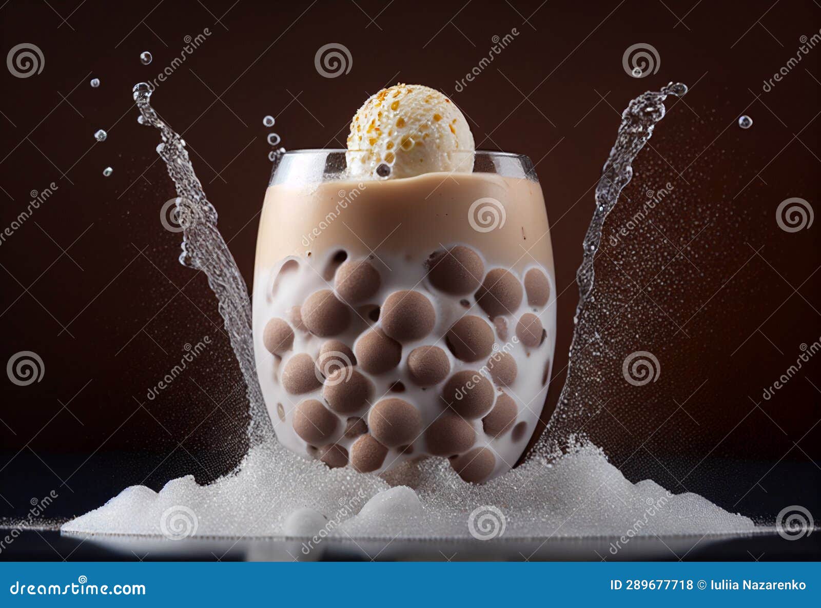 Iced Tea with Tapioca and Chocolate Pieces and Falling Pieces of Ice ...