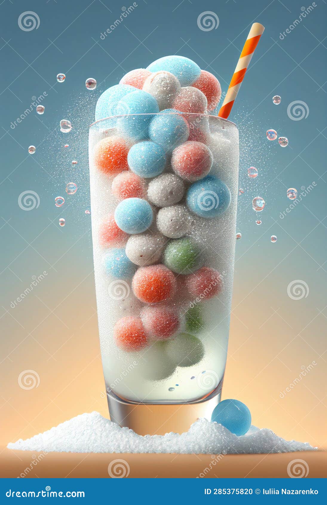 Iced Tea with Tapioca for Matcha and with Falling Multi-colored Balls ...