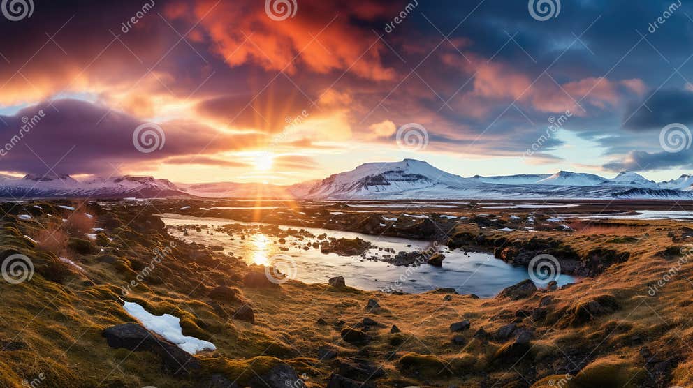 Iceland Landscape Spring Panorama at Sunset Stock Image - Image of ...