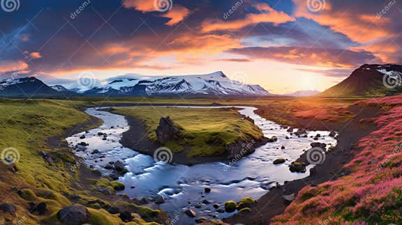 Iceland Landscape Spring Panorama at Sunset Stock Illustration ...