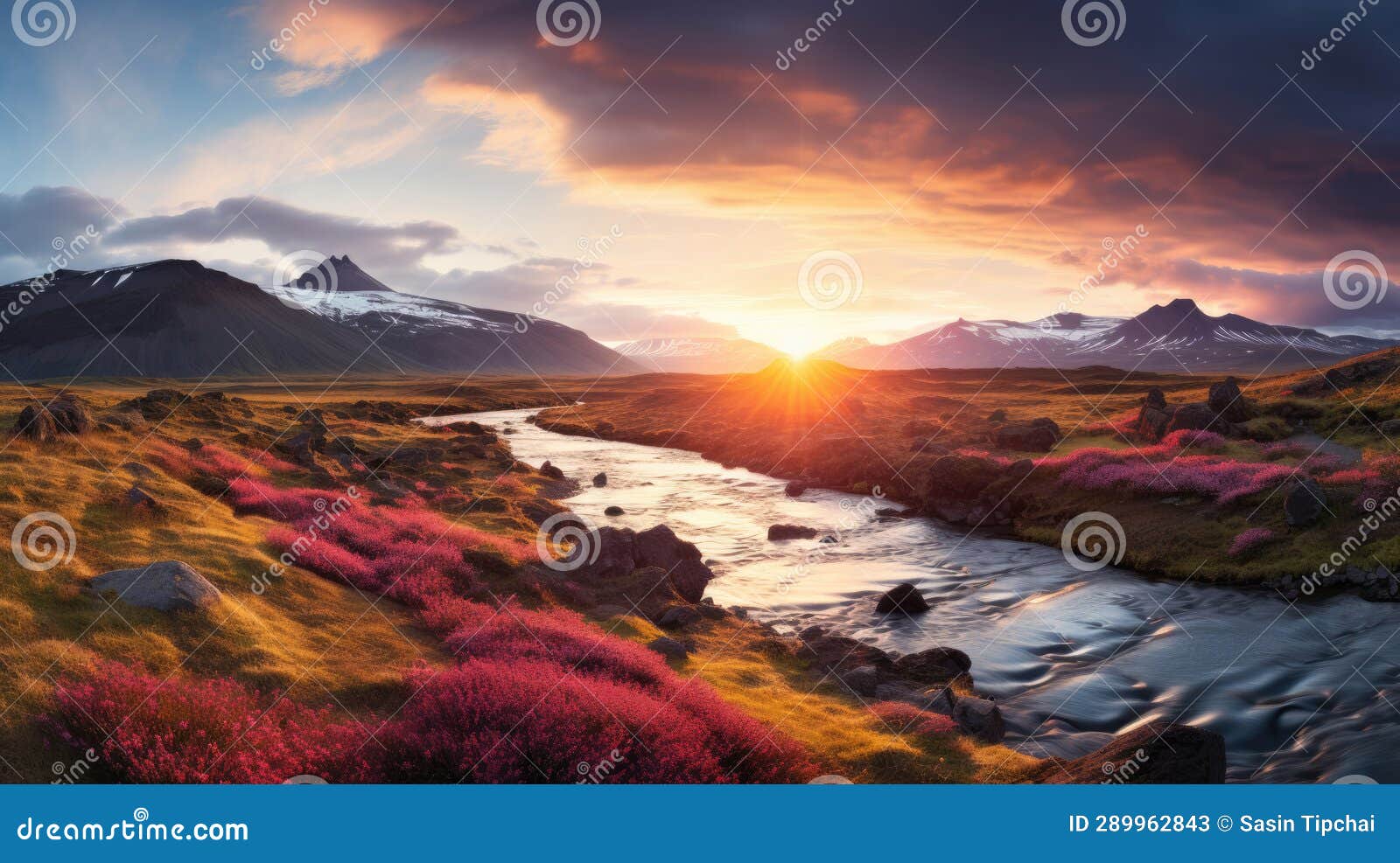 Iceland Landscape Spring Panorama at Sunset Stock Illustration ...