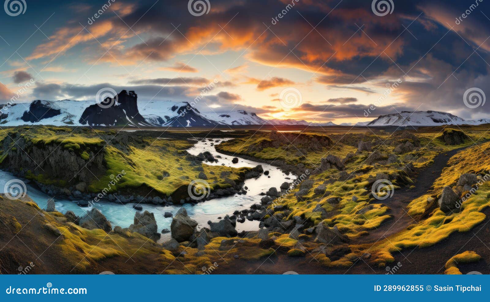 Iceland Landscape Spring Panorama at Sunset Stock Illustration ...