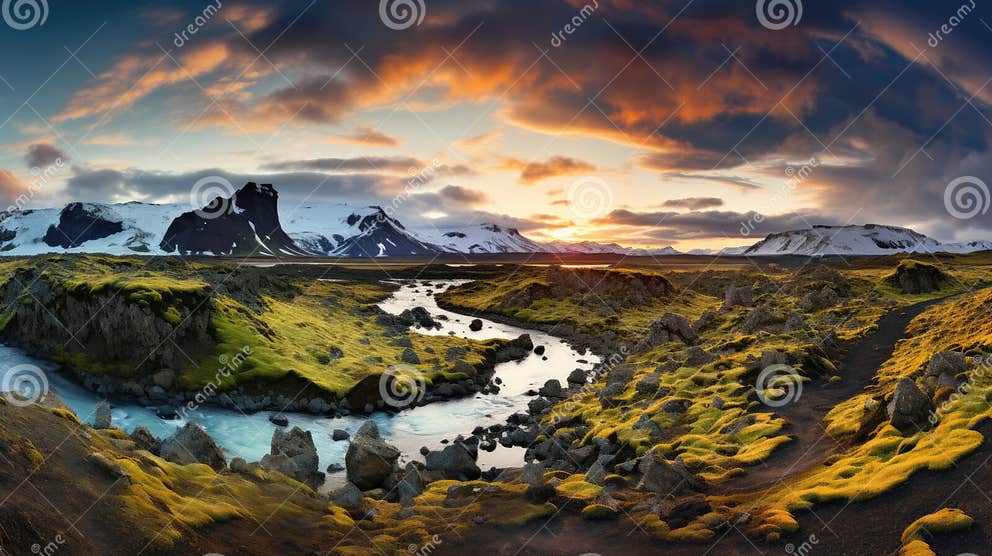 Iceland Landscape Spring Panorama at Sunset Stock Illustration ...