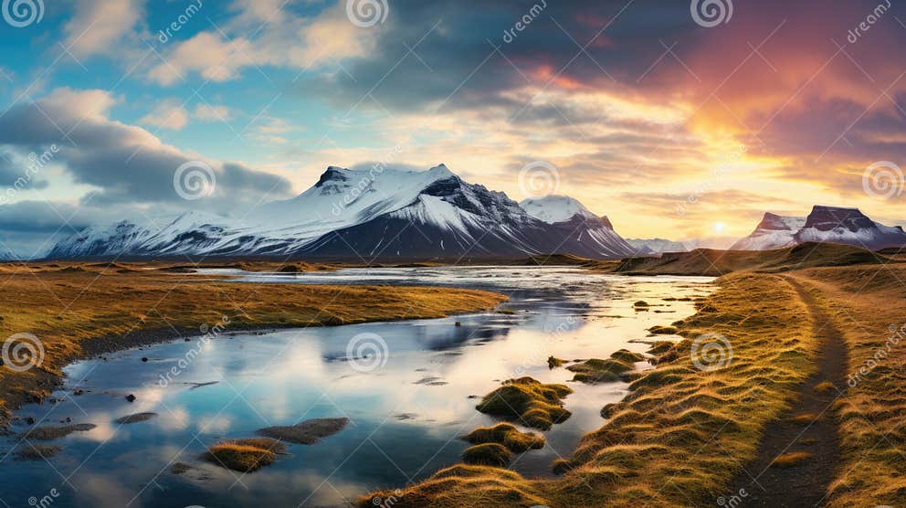 Iceland Landscape Spring Panorama at Sunset Stock Photo - Image of ...