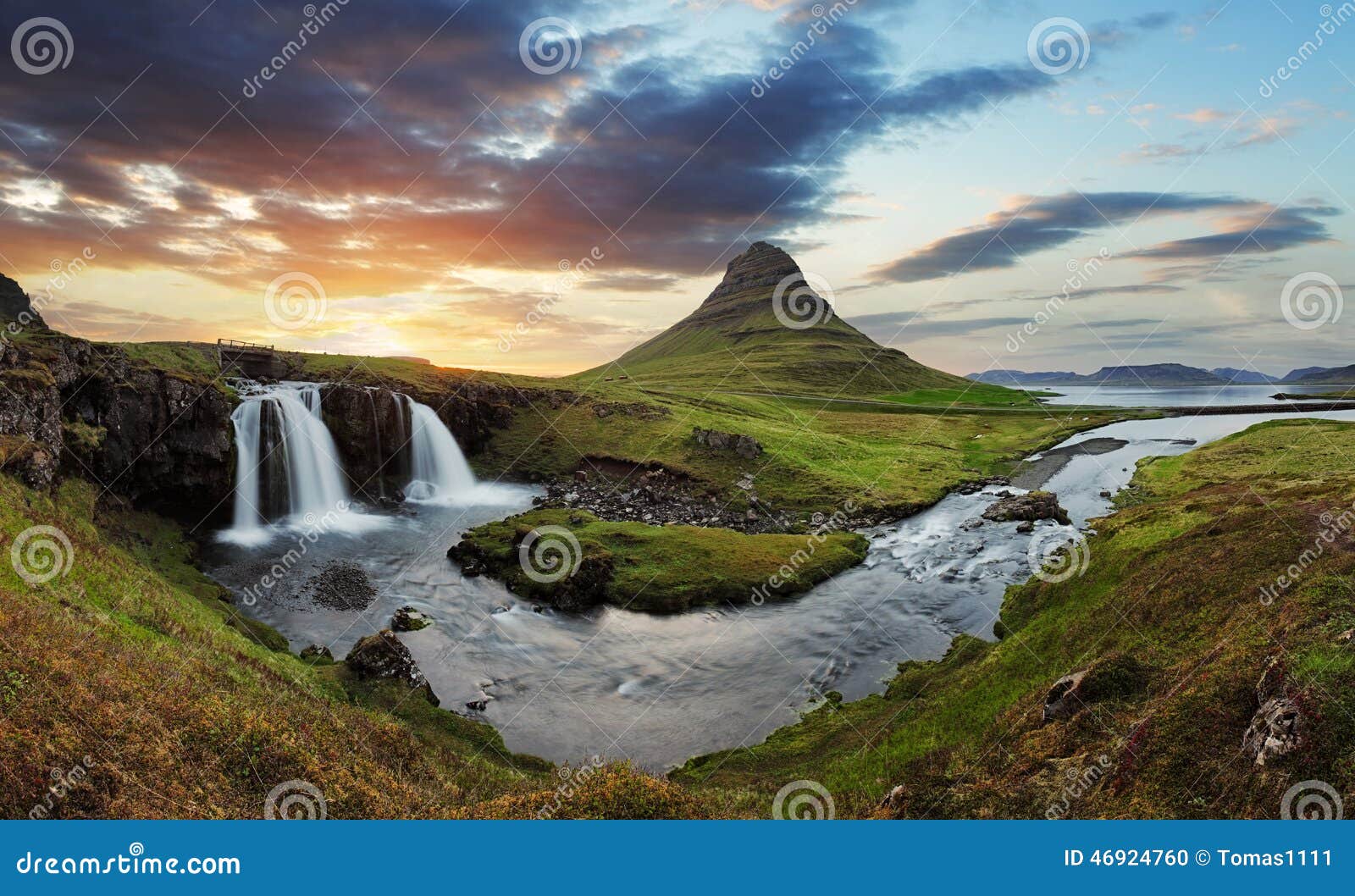 Iceland Landscape with Volcano and Waterfall Stock Photo - Image of ...