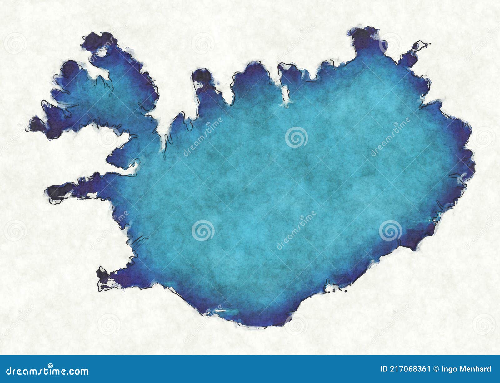 Iceland Map with Drawn Lines and Blue Watercolor Illustration Stock ...