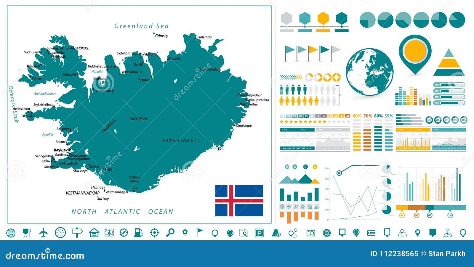 Iceland Map Infographics Vector Template With Regions And Pointer Marks ...