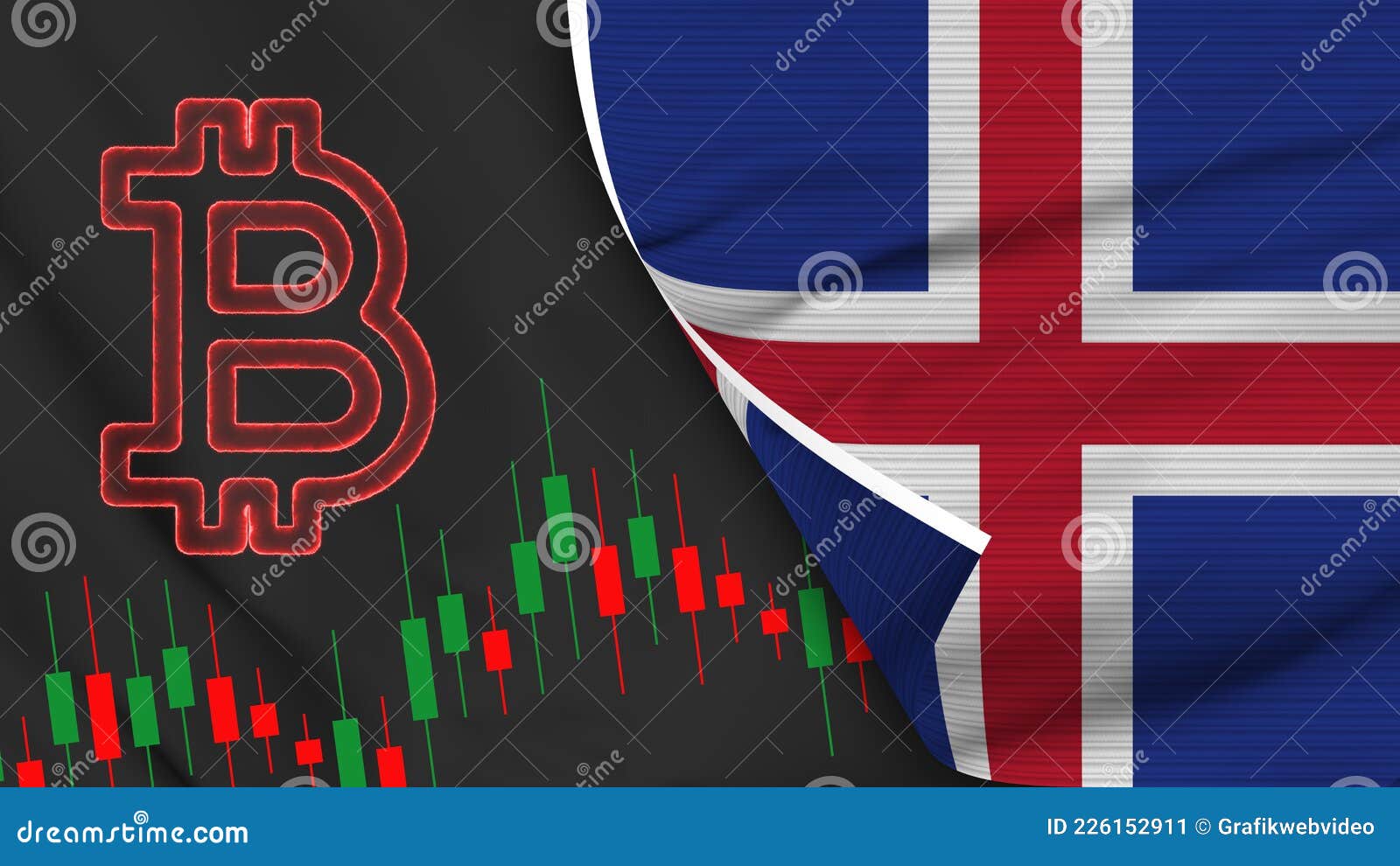 Iceland Realistic Flag with Bitcoin Icon Fabric Texture 3D Illustration ...