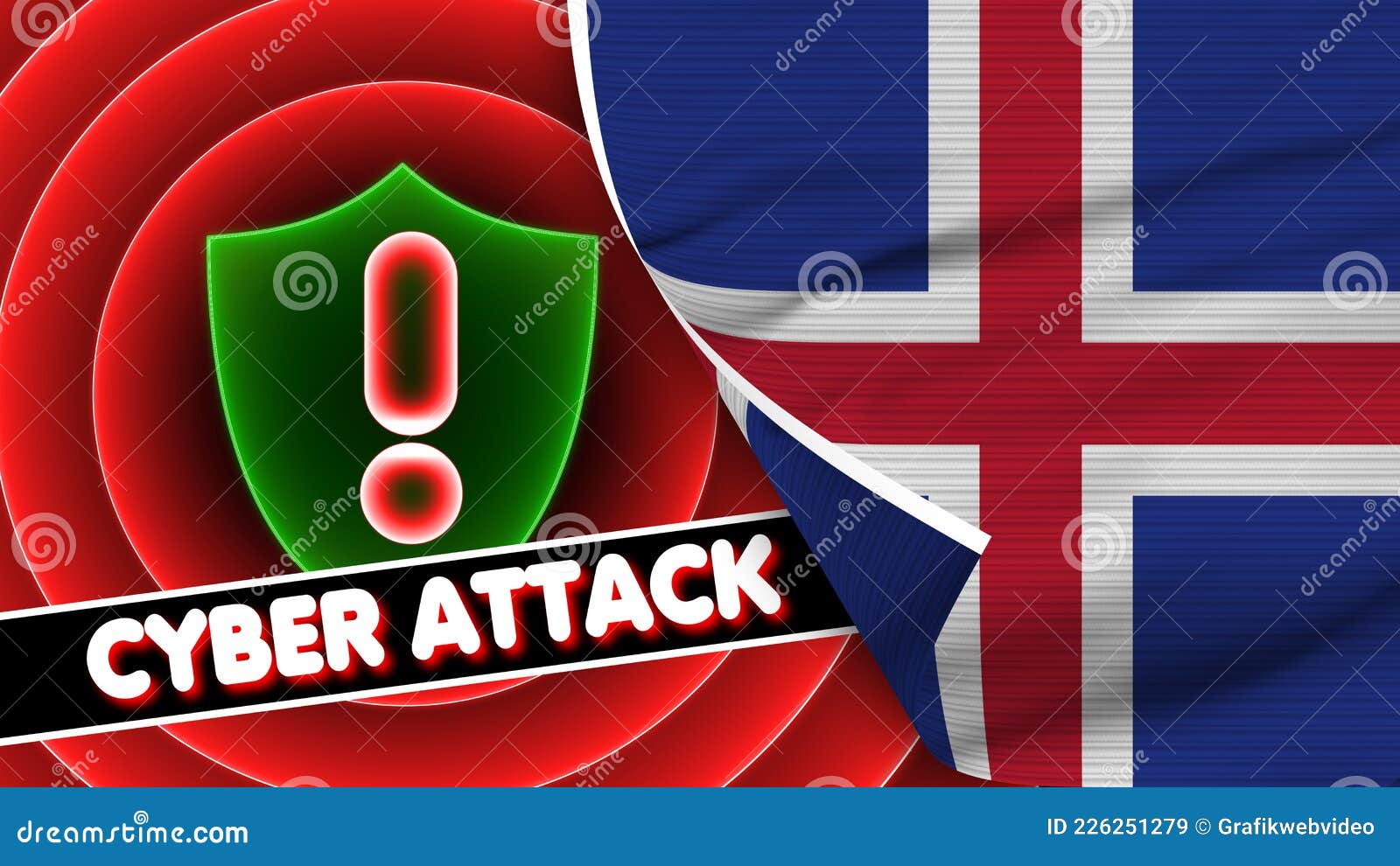 Iceland Realistic Flag with Cyber Attack Title Fabric Texture 3D ...