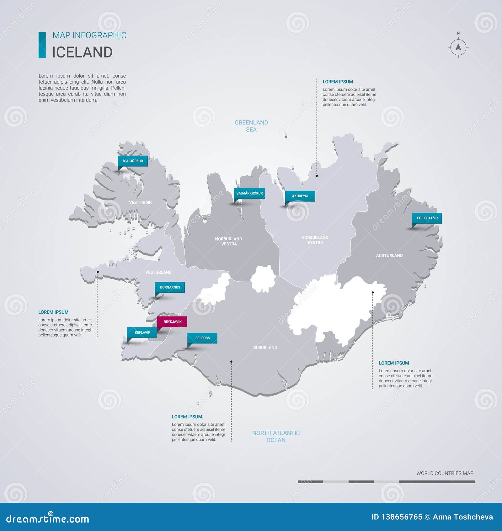 Iceland Vector Map With Infographic Elements Pointer Marks Stock
