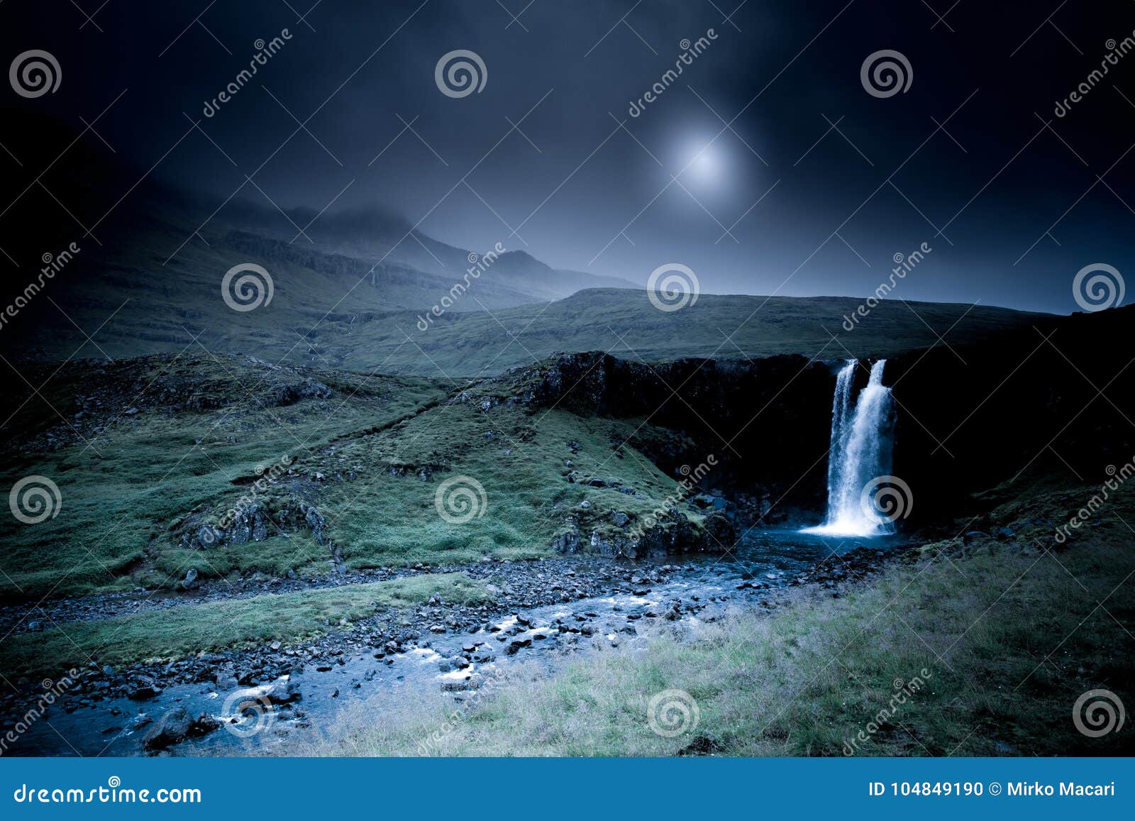 Iceland Waterfall at Night with Moon Stock Photo - Image of stream ...