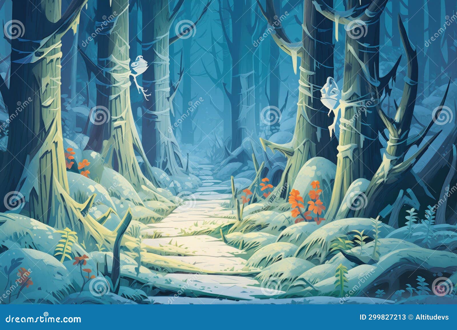 An Icicle-fringed Forest Path Lit by a Faint Moonlight Glow Stock ...