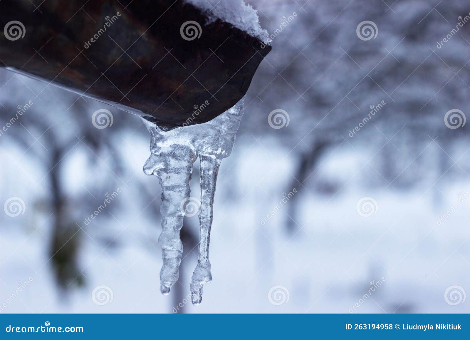 An Icicle Hangs from a Metal Gutter. Icing, Concept Stock Photo - Image ...