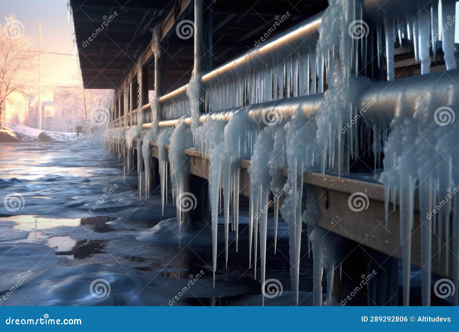 Icicles Glistening on a Bridge Railing Over a River Stock Photo - Image ...