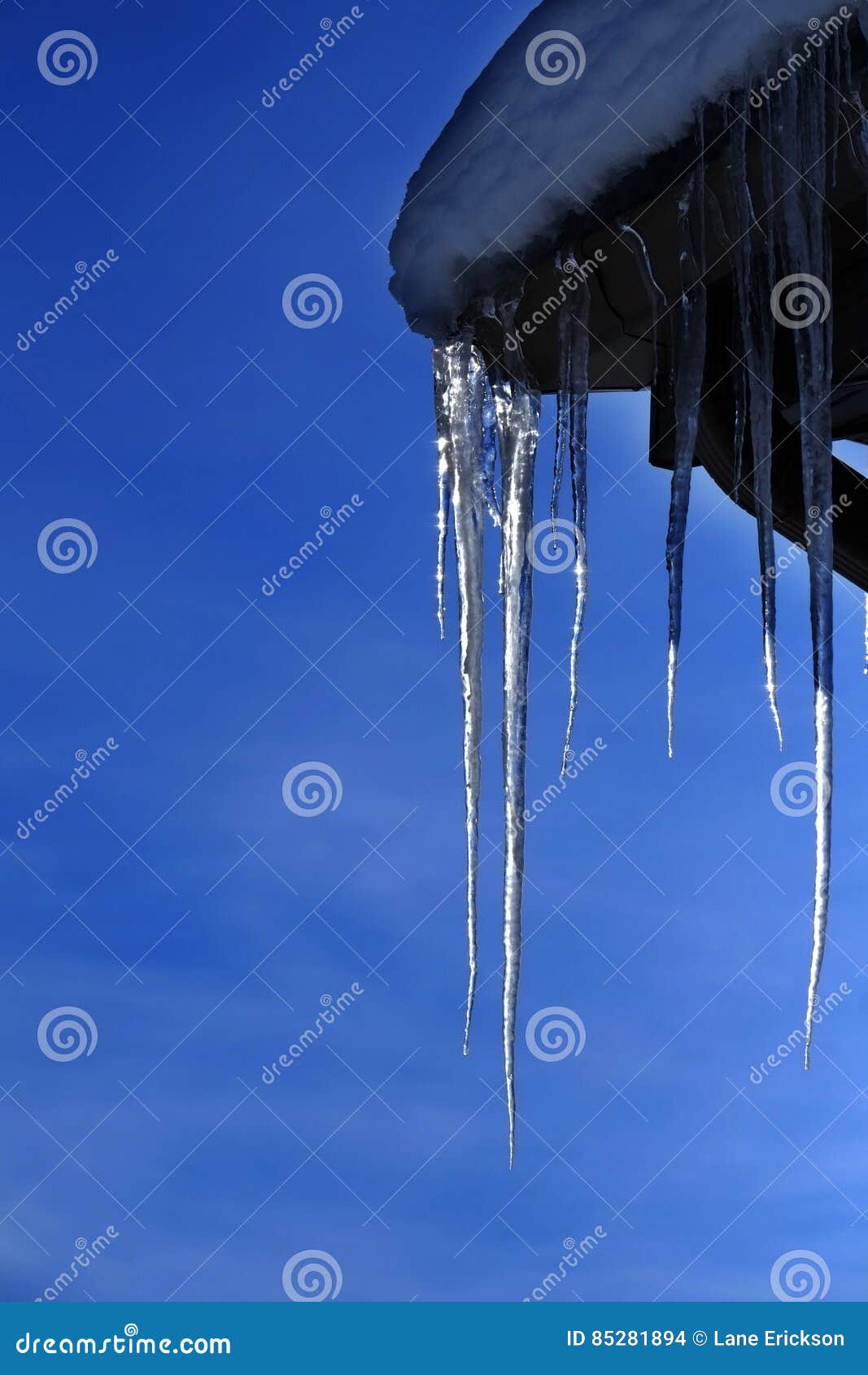 Icicles Hanging from Rooftop of Home Melted Ice Dripping Stock Photo ...
