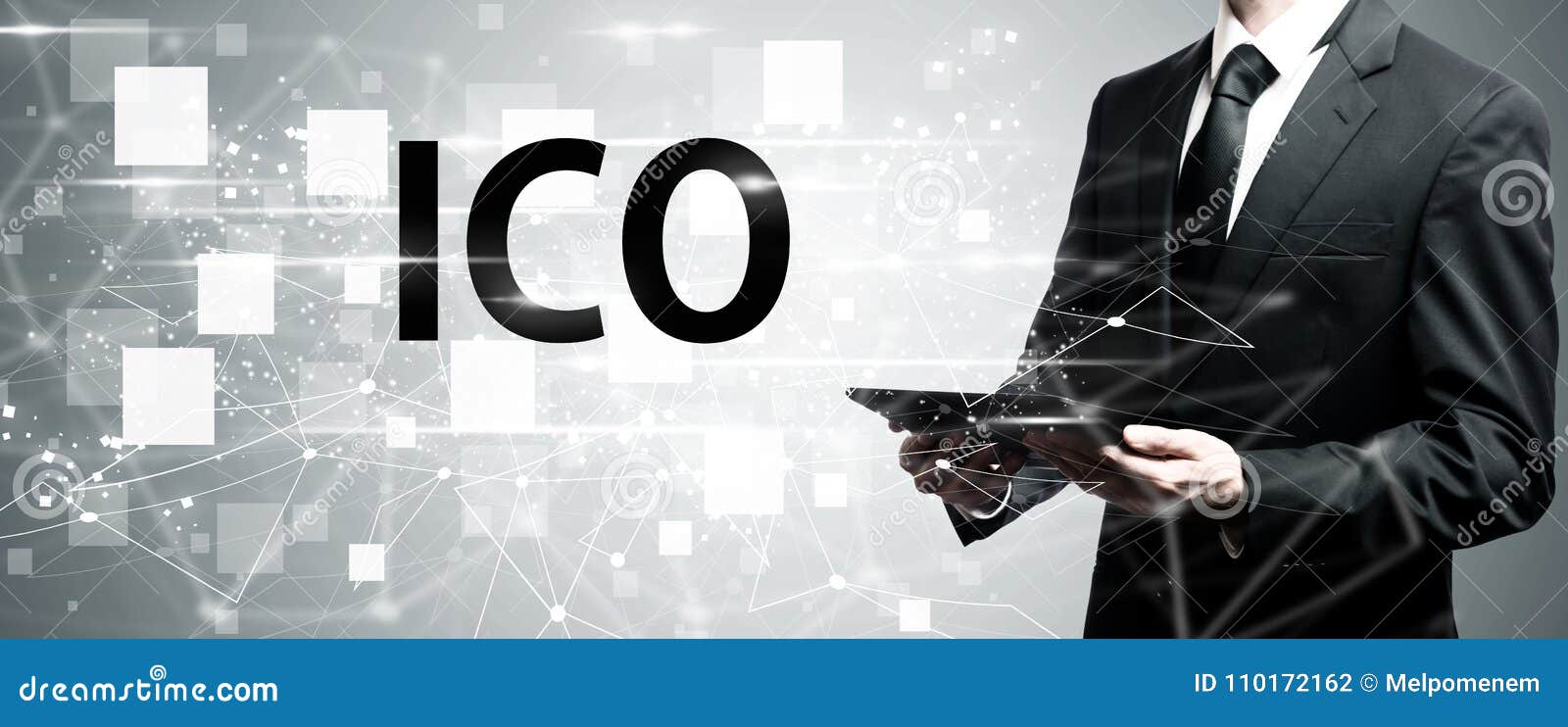 ICO with Man Holding Tablet Computer Stock Photo - Image of investing ...