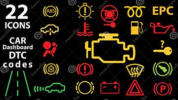 22 Icon Collection of Car Dashboard Panel Indicators, Yellow Red Green ...