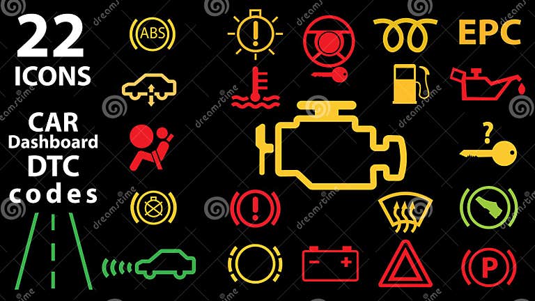 22 Icon Collection of Car Dashboard Panel Indicators, Yellow Red Green ...