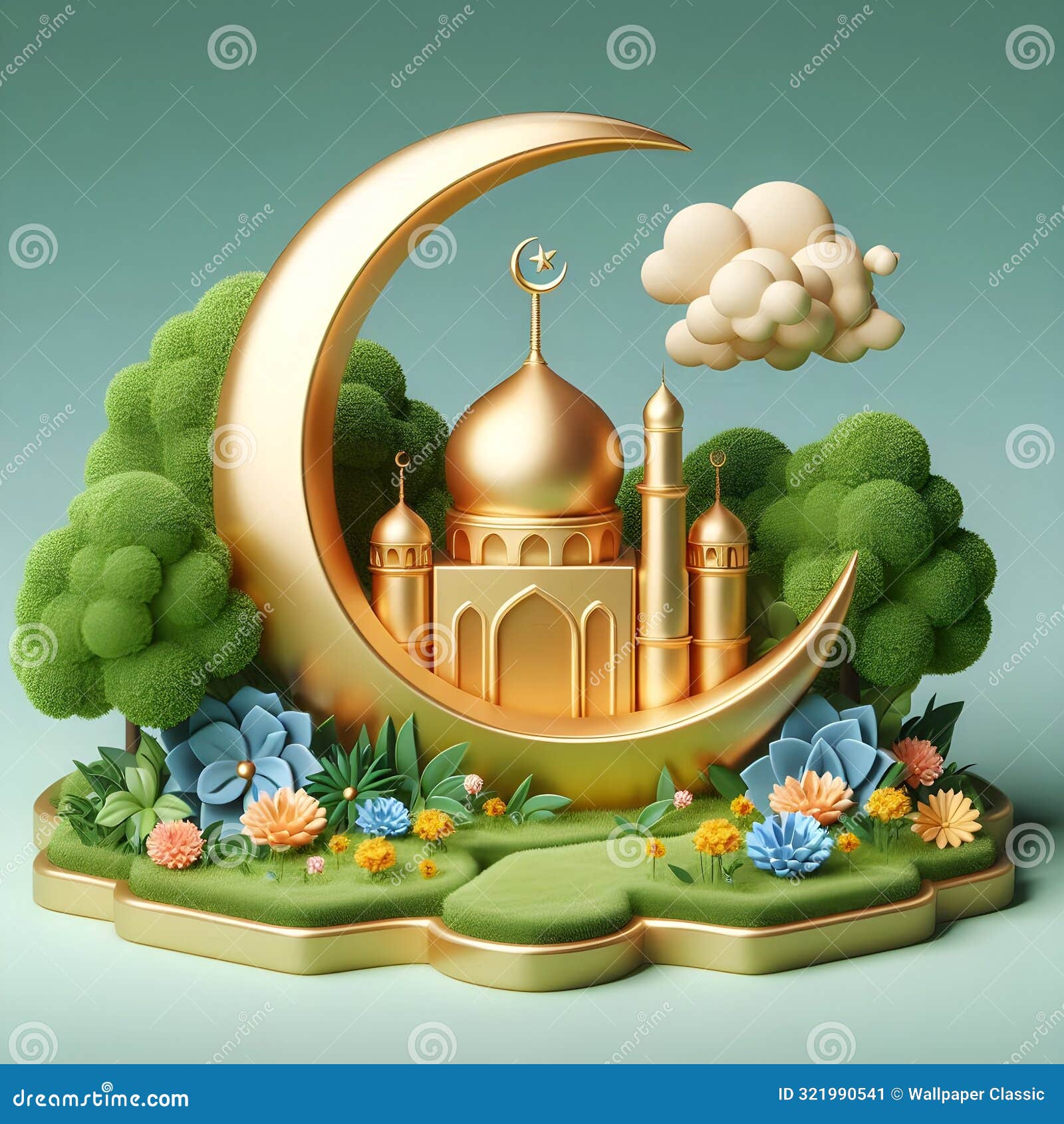 Icon Design 3d Mosque Gardens Flowers Stock Illustration - Illustration ...
