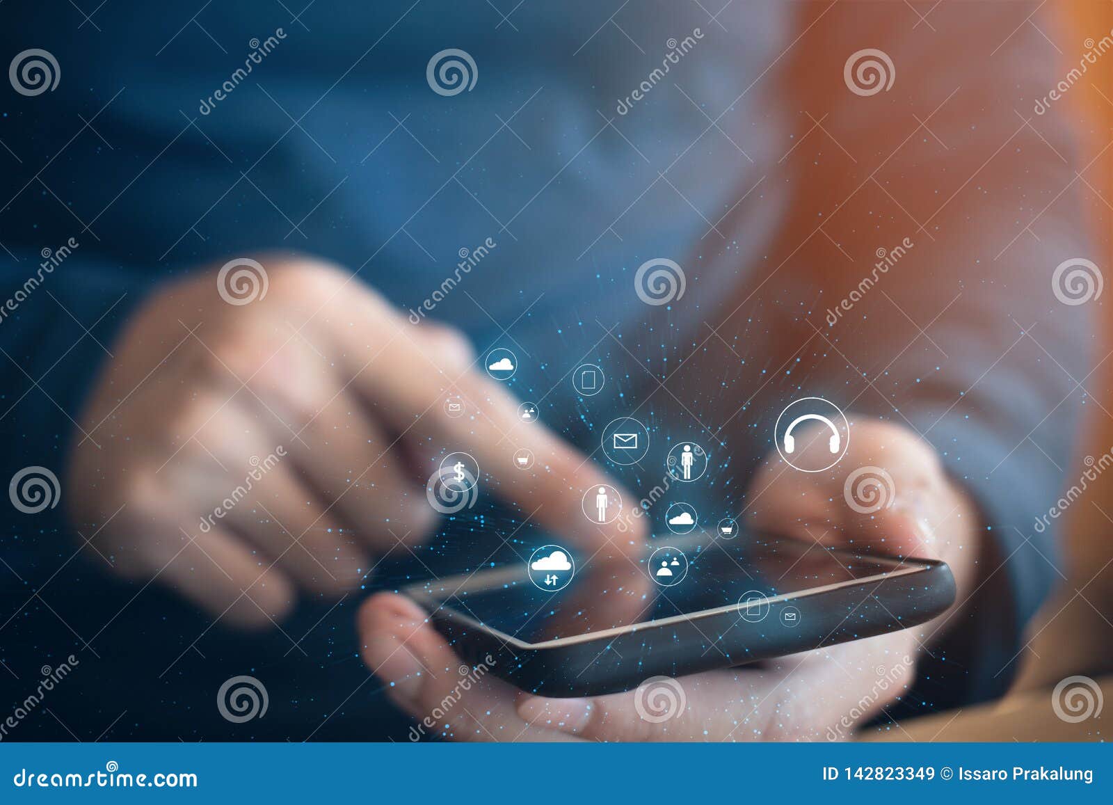 Businessman Push on with Social Network Smartphone Technology Stock ...