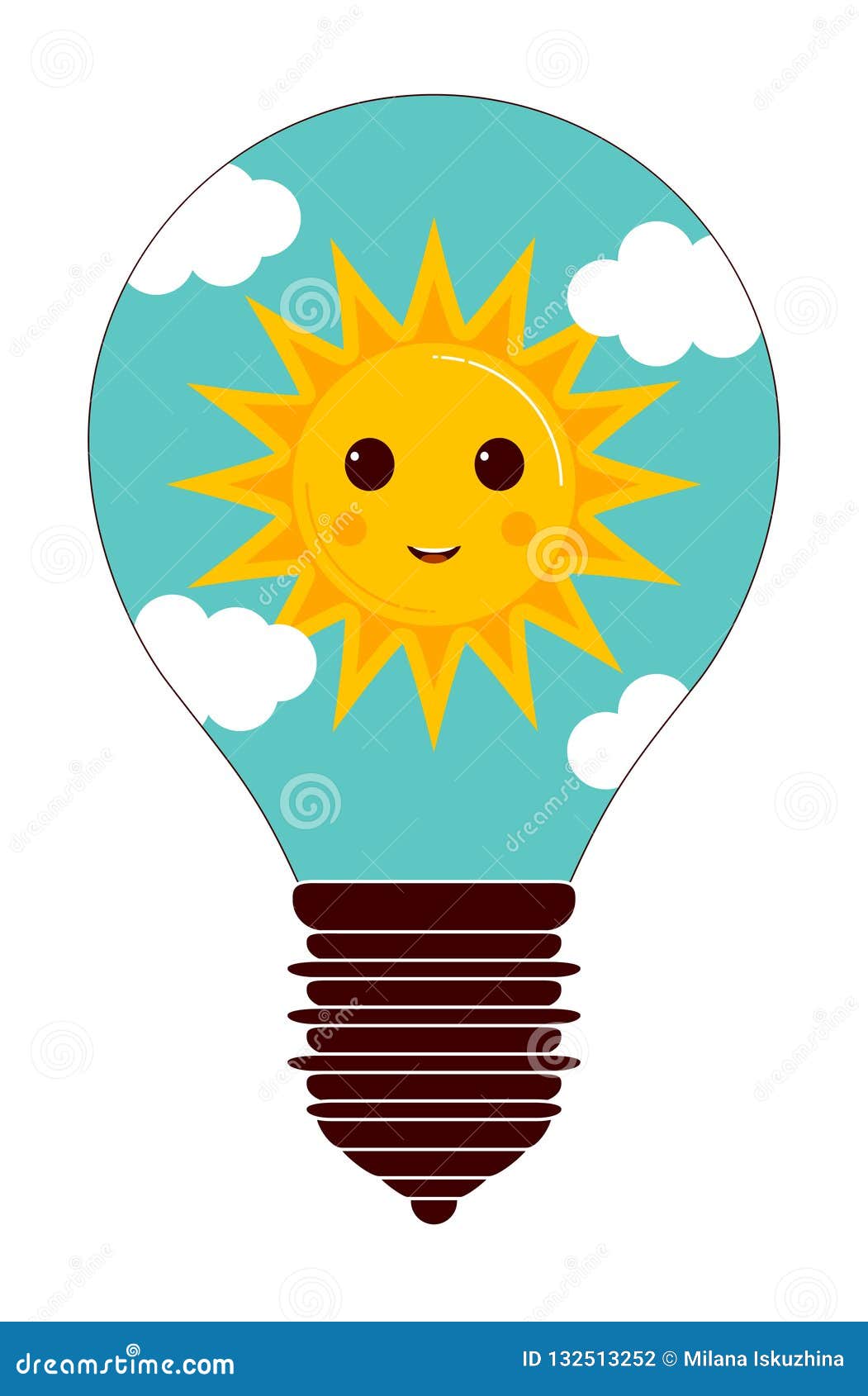Icon of a Light Bulb with the Sun on a Blue Sky and White Clouds ...